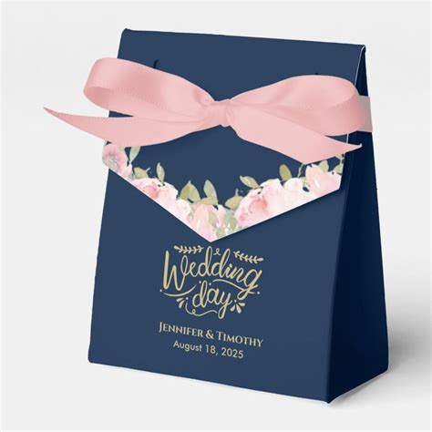 Personalized Pink Floral Wedding Day Navy Blue Favor Boxes Zazzle In