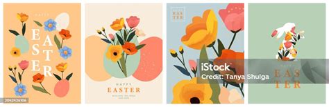 행복한 부활절 인사말 카드 포스터 휴일 표지 세트 타이포그래피 봄 손으로 그린 꽃 점 달걀 파스텔 색상의 토끼가 있는 트렌디한 디자인 현대 미술 미니멀리스트 스타일 꽃