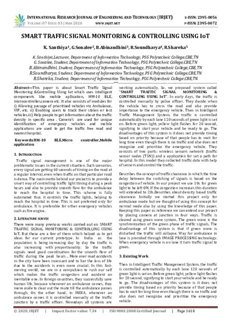 Pdf Irjet Smart Traffic Signal Monitoring And Controlling Using Iot