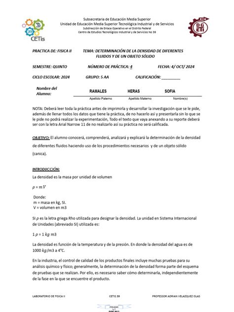 Practica 4 Fisica Ii DeterminaciÓn De La Densidad De Diferentes A Pdf