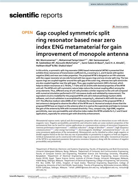 Pdf Gap Coupled Symmetric Split Ring Resonator Based Near Zero Index Eng Metamaterial For Gain