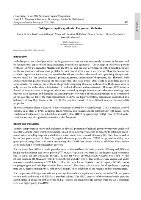 Pdf Solid Phase Peptide Synthesis The Greener The Better