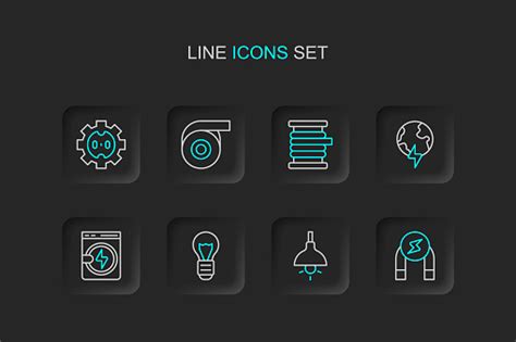 세트 라인 자석 램프 교수형 크리 에이 티브 램프 조명 아이디어 와셔 벼락과 글로벌 행성 와이어 전기 케이블 릴 롤 접착 테이프 및 전기 콘센트 아이콘 벡터 가사 집안일에