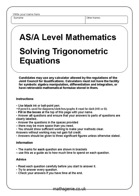 As Pure Solving Trig Equations Write Your Name Here Surname Other Names As A