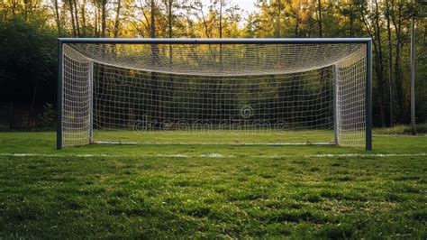 Empty Football Goal Is Waiting For The Game To Begin On A Green Grass