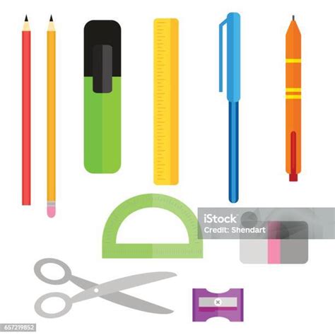 학 용품 세트 펜 연필이 위 및 눈금자 연필 깎이 고 지우개 흰색 배경에 고립 된 평면 스타일에서 개체의 컬렉션입니다 개체