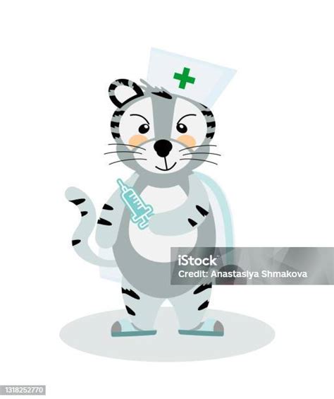 2022년의 상징인 한 장면과 백신이 있는 의복을 입은 쾌활한 줄무늬 벵골 호랑이 의사 손으로 그린 흰색 배경에 격리된 벡터 그림입니다 어린이 용 티셔츠 엽서 포스터 스티커
