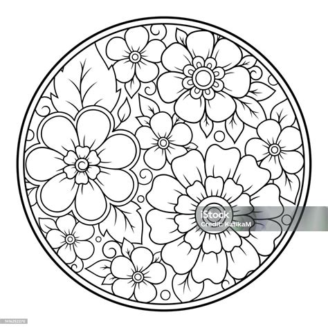 색칠 공부 책 페이지에 대한 멘디 스타일의 둥근 꽃 패턴을 윤곽 성인과 어린이를위한 안티 스트레스 흑백의 낙서 장식 손 그리기 벡터 그림 강렬하고 밝은 색상에 대한 스톡