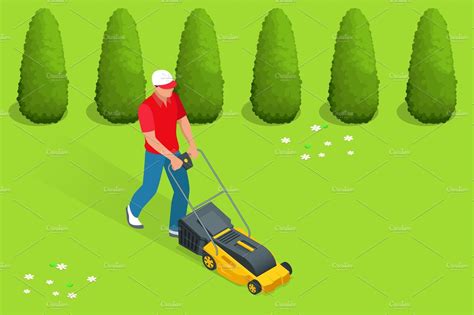 Man Mowing The Lawn With Yellow Lawn Mower In Summertime Lawn Grass