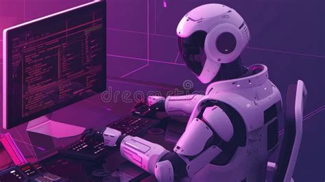 A Robot Is Sitting At A Computer Desk Typing On A Keyboard Futuristic