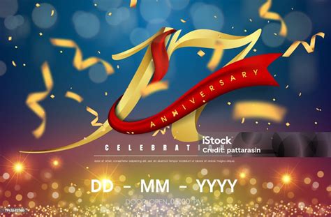 골드와 블루 배경 17 년 기념일 로고 템플릿 빨간 리본 벡터와 색종이 고립 된 디자인 요소와 황금 숫자를 축 하 하는 17 17세기에 대한 스톡 벡터 아트 및 기타 이미지