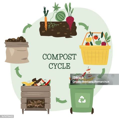 퇴비 라이프 서클 인포그래픽 퇴비화 과정 퇴비를 농업에 사용하기 위해 주방 쓰레기를 수집하는 유기 폐기물을 재활용합니다 폐기물 제로 개념 손으로 그린 벡터 그림입니다 퇴비에