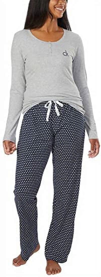 Calvin Klein Womens Long Sleeve Fleece Pajama Set Grey Navy Swiss Dot