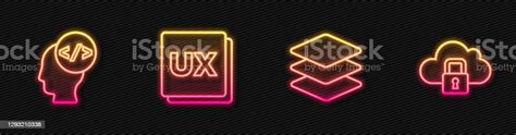 라인 레이어 프런트 엔드 개발 Ui 또는 Ux 설계 및 클라우드 컴퓨팅 잠금을 설정합니다 빛나는 네온 아이콘 벡터 개념에 대한