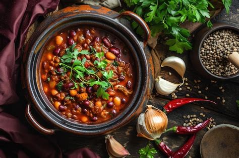 Georgian Lobio Cooked Beans Red Beans With Meat And Spices Lobio In Ceramic Pot On Rustic