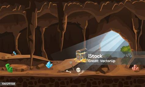 보물 가슴 골드 동전 보석 동굴 개념 컴퓨터 게임에 대 한 예술입니다 게임 애플 리 케이 션 배너 그래픽을 사용 하 여 배경 이미지입니다 벡터 만화 일러스트 레이 션 개체