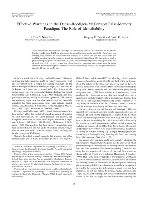 Effective Warnings In The Deese Roediger Mcdermott False Memory Paradigm The Role Of