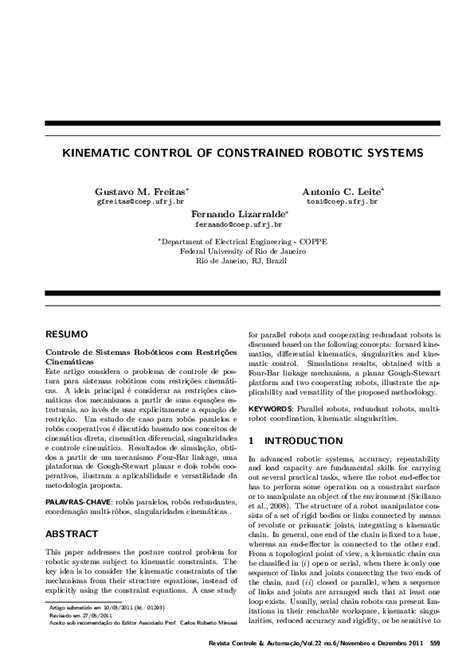Pdf Kinematic Control Of Constrained Robotic Systems