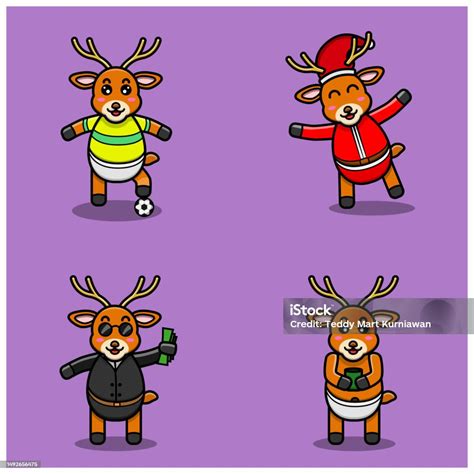 다양한 포즈를 취하는 귀여운 아기 사슴 캐릭터 세트 축구 크리스마스 보스 및 찻잔을 가져 오십시오 갈색에 대한 스톡 벡터 아트 및 기타 이미지 Istock