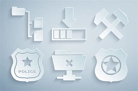 Ftp 취소 작업 두 개의 교차 망치 경찰 배지 로딩 및 폴더 트리 아이콘을 설정합니다 벡터 경찰 배지에 대한 스톡 벡터 아트