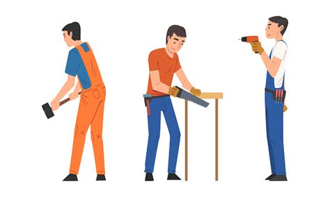 가정 수리 작업 벡터 세트에 종사하는 톱과 망치와 숙련 된 사람으로 핸디맨 또는 해결사 개선에 대한 스톡 벡터 아트 및 기타