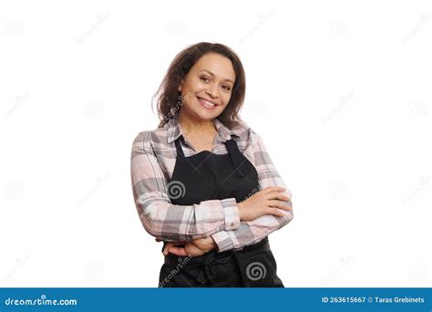 Latin American Cheerful Barmaid Waitress In Black Chef S Apron