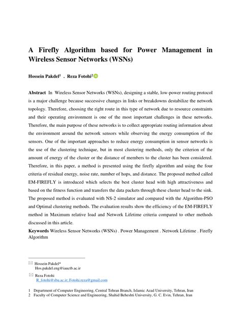 Pdf A Firefly Algorithm For Power Management In Wireless Sensor