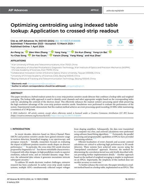 Pdf Optimizing Centroiding Using Indexed Table Lookup Application To Crossed Strip Readout