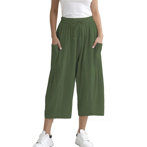 Womens Linen Pants High Waisted Wide Leg Cotton Capris Drawstring
