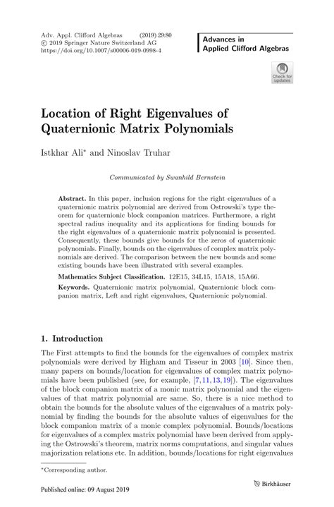 Pdf Location Of Right Eigenvalues Of Quaternionic Matrix Polynomials