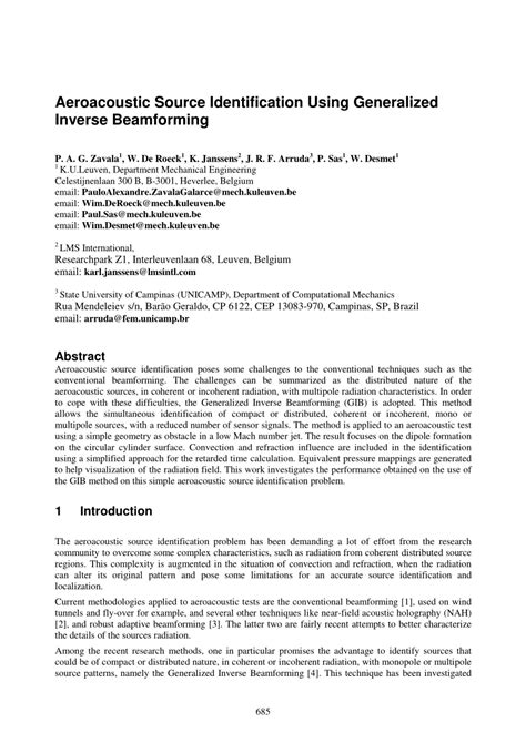 Pdf Aeroacoustic Source Identification Using Generalized Inverse