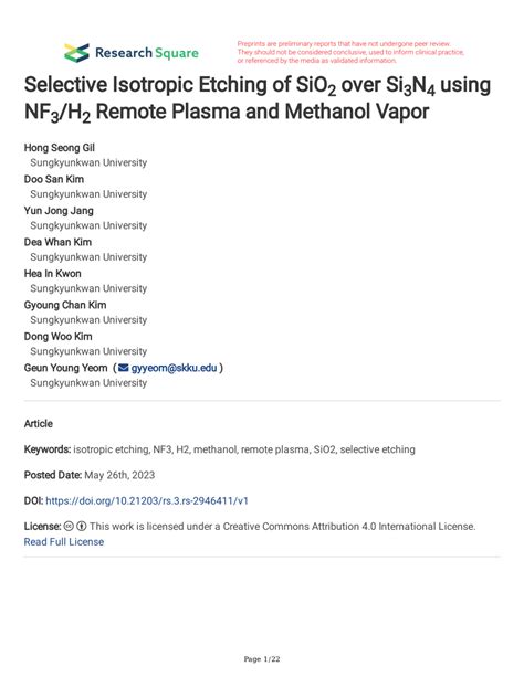 Pdf Selective Isotropic Etching Of Sio2 Over Si3n4 Using Nf3h2
