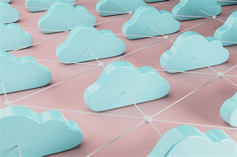 3d 렌더링 클라우드 컴퓨팅 개념 분홍색 표면에 청록색의 여러 구름 파스텔 색 구성표 구름을 연결하는 흰색 네트워크입니다 0명에