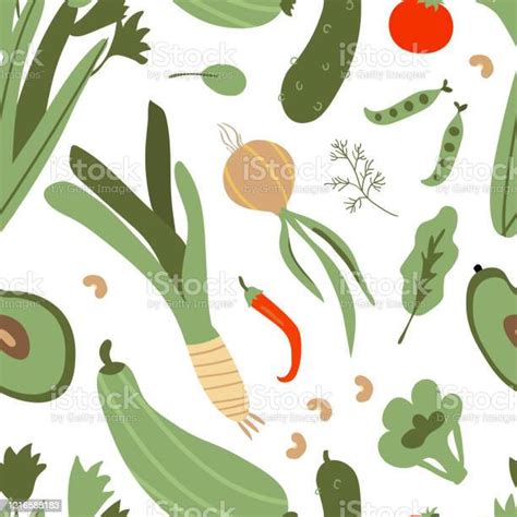 손으로 그린 화려한 낙서 야채와 원활한 패턴 벡터 텍스처입니다 오이 셀러리 아보카도 양파 양배추 배경 채식 건강 식품 채식주의 자 농장 유기농 자연 벽지 0명에 대한 스톡