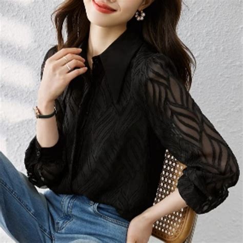 밀키부 당일출고여름신상봄블라웃스하객룩 긴팔 블랙 시스루 시크 셔츠블라우스 7부소매 쉬폰 여자 상의 봄 남방 하객코디