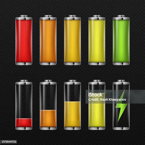 사실적인 배터리 충전 표시기 세트 다양한 수준의 에너지 축압기 표시기 아이콘 0명에 대한 스톡 벡터 아트 및 기타 이미지 0