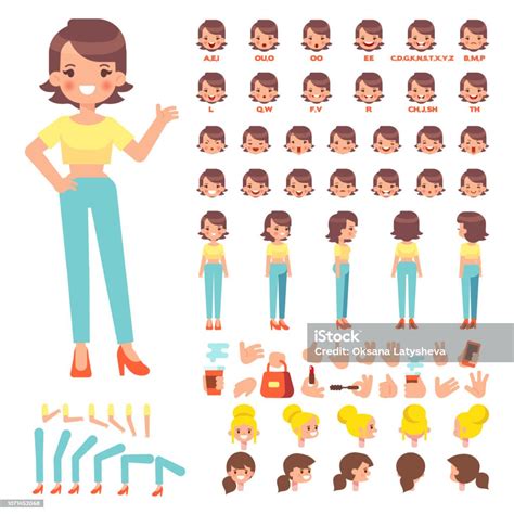 다양 한 플레이 헤어스타일 얼굴 포즈 감정과 제스처 설정 캐주얼 의류 창조에 젊은 짧은 머리 여자 귀여운에 대한 스톡 벡터 아트