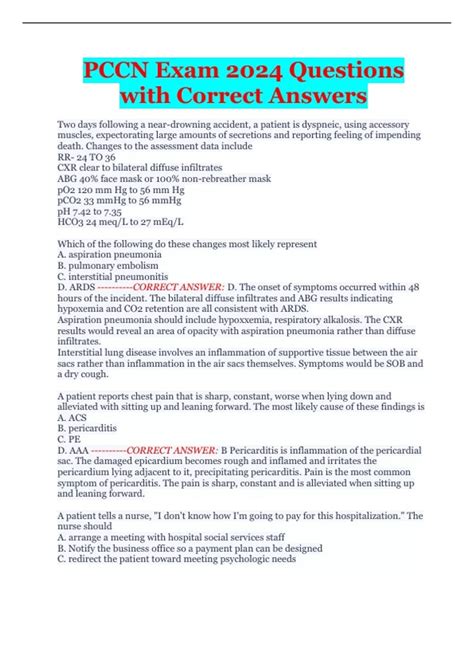 Pccn Exam 2024 Questions With Correct Answers Pccn Stuvia Us