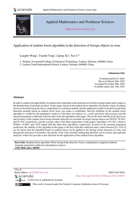 Pdf Application Of Random Forest Algorithm In The Detection Of