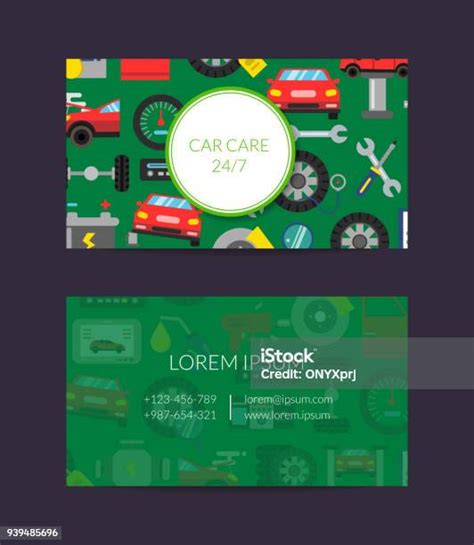 플랫 스타일으로 자동차 부품 상점 또는 자동차 서비스에 대 한 벡터 비즈니스 카드 템플릿 개념에 대한 스톡 벡터 아트 및 기타 이미지 개념 검은색 고무도장 Istock