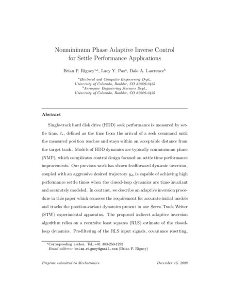 pdf nonminimum phase adaptive inverse control for settle performance