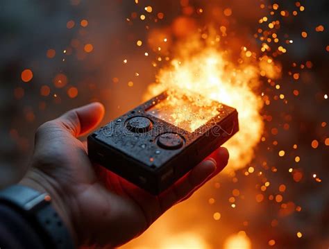Explosion Of Pager Filled With Explosives In A Hand Danger Fire And Ignition Of Plastic Stock