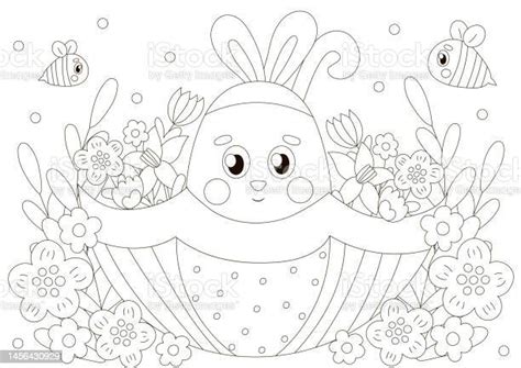 꿀벌과 함께 스칸디나비아 스타일의 꽃을 가진 우산에 토끼 캐릭터와 함께 부활절을 위한 귀여운 색칠 페이지 0명에 대한 스톡 벡터 아트 및 기타 이미지 Istock