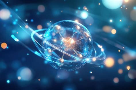 Conceptual Representation Of An Atom With Glowing Particles In A Dark Background Stock