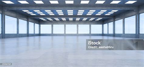 제품을 소개하기 위한 격납고 콘크리트 바닥이 있는 주차장 빈 콘크리트 공간이 있는 시멘트 차고 디자인 장면입니다 모형을 위한 넓은 공간을 비웁니다 추상적인 최소한의 건축