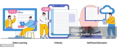 온라인 학습 전자책 캐릭터가 있는 자기 주도 교육 개념 디지털 지식 추상 벡터 일러스트레이션 세트 지속적인 학습 개인적 성장 정보 은유에 대한 접근 학습에 대한 스톡 벡터