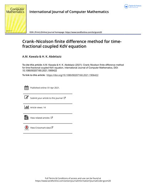 Pdf Crank Nicolson Finite Difference Method For Time Fractional Coupled Kdv Equation