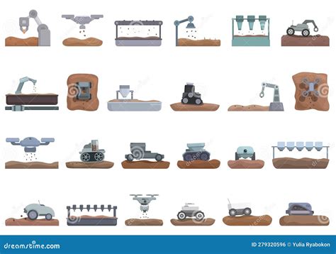 Automated Plant Seeding Icons Set Cartoon Nature Farm Stock