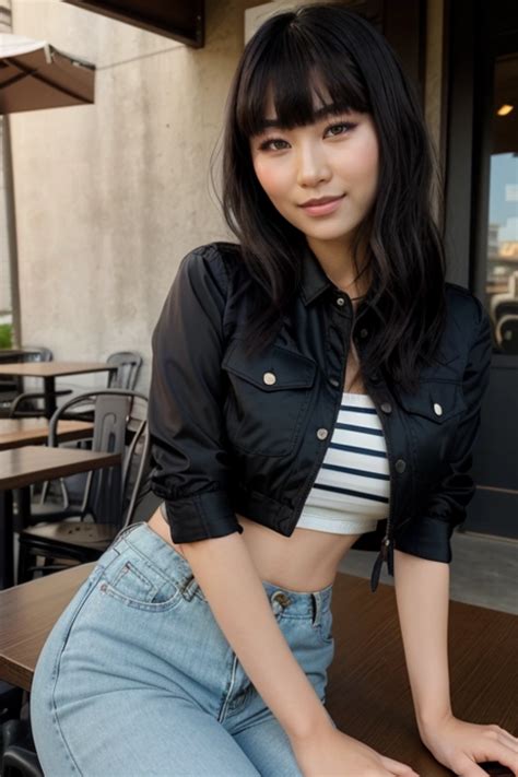 Dressed In A Black Jacket And Striped Top Sitting On A Terrace Porn