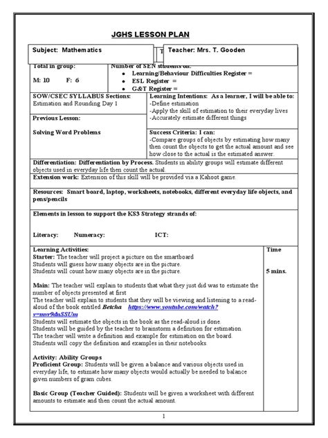 nurture group lesson plan estimation rounding pdf